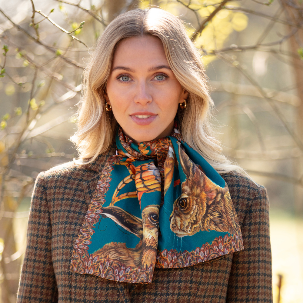 Clare Haggas A Head Of The Game Silk Scarf Narrow Teal