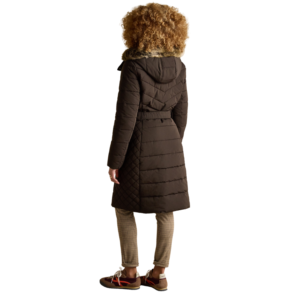 Joules Aspen Long Padded Coat Faux Fur Hood Brown