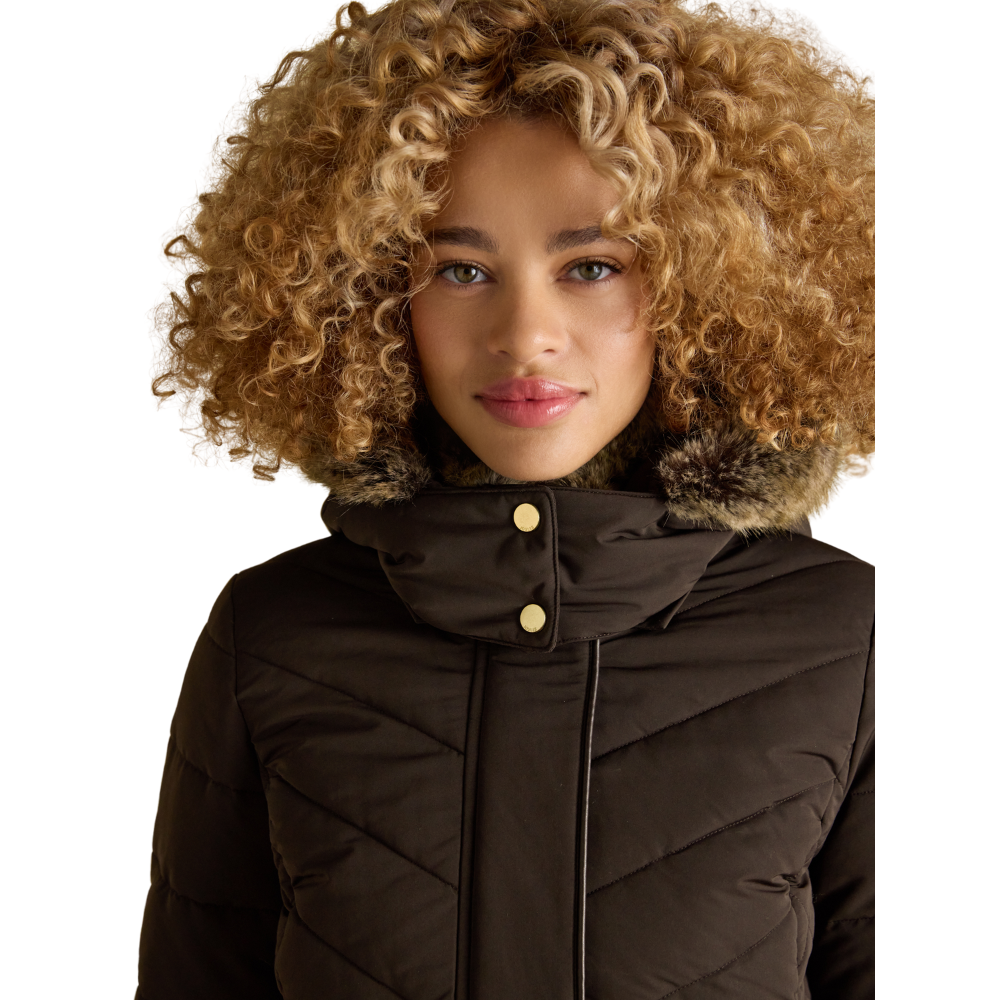 Joules Aspen Long Padded Coat Faux Fur Hood Brown